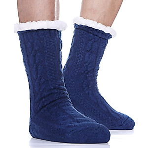 EBMORE Mens Slipper Fuzzy Socks Winter Cozy Fluffy Cabin Warm Fleece Soft Comfy Thick Non Slip Christmas Home Stocking Stuffer (Blue)