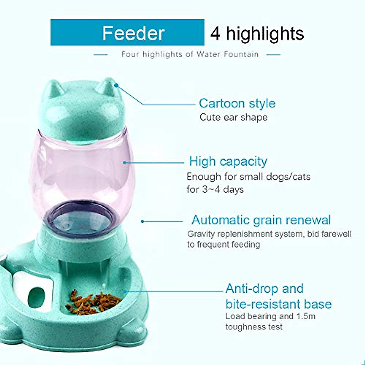 Yuhoo 2 in 1 Automatic Pet Feeder, Detachable Dog Cat Water Food Pet Automatic Dispenser, Gravity Principle Drink Fountain Pet Feeding Bowl (Green), free size