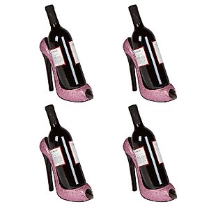 Hilarious Home 8.5" x 7"H High Heel Wine Bottle Holder - Stylish Conversation Starter Wine Rack (Pink Glitter, Set of 4)