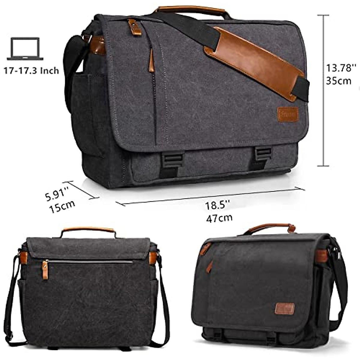 ESTARER Computer Messenger Bag 17-17.3 Inch Water-resistance Canvas Laptop Shoulder Bag for Travel Work College New Version, Grey