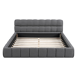 Queen Size Upholstered Platform Bed with Thick Fabric, Grounded Bed with Solid Frame,for Kids Teens Adults Bedroom Use (Gray@Grounded, Queen)