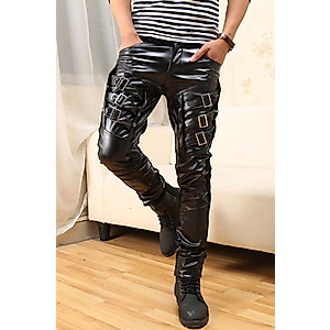 Idopy Men`s Rock Punk Hip Hop Faux Leather Motocycle Pants (32W x 41L, Black)