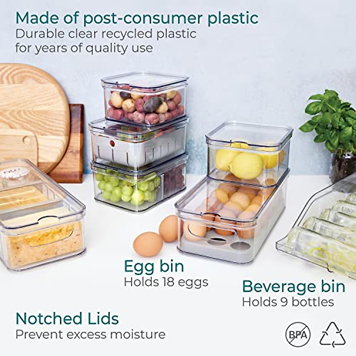 iDesign Plastic Refrigerator Organizer Bin Set The Spruce Fridge Binz, Set of 7, Clear/Matte Gray, 7 Count
