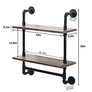 Pipe Floating Shelves, Industrial Pipe Shelves 2 Tier Wall Shelf Wall Mounted Bookcase, Metal Bracket with Rustic Wood Planks for Farmhouse, Laundry Room, Bathroom, Kitchen, Living Room - 30 Inch