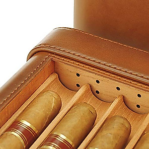 Portable Travel Leather Cigar Humidor Cases Cedar Wood Lined Humidifier for 5 Cigars Storage Box with Humidifier Hold Cigars (PIPT-03)