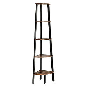 VASAGLE Industrial Bookcase, 5-Tier Corner Shelf, Plant Stand Wood Look Accent Furniture with Metal Frame for Home and Office ULLS35X, 12.8 x 13.4 x 62.6 Inches, Rustic Brown