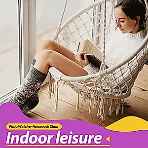 Patio Watcher Hammock Chair Hanging Macrame Swing with Cushion and Hardware Kits, Max 330 Lbs, Handmade Knitted Mesh Rope Swing Chair for Indoor, Outdoor, Bedroom, Patio, Yard, Deck, Garden, Beige