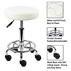 KKTONER Round Rolling Stool Chair PU Leather Height Adjustable Swivel Drafting Work SPA Shop Salon Stools with Wheels Office Chair Small (White)