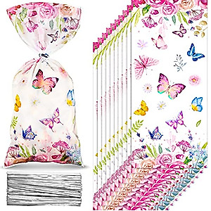 Pajean 100 Pcs Butterflies Cellophane Treat Bags Watercolor Flowers Butterfly Printed Goodie Candy Favor Bags with 100 Twist Ties for Butterfly Girls Birthday Baby Shower Summer Themed Party Supplies