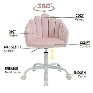 LukeAlon Kids Cute Swivel Desk Chair, Velvet Child Study Chair with Rolling Wheels and Arms, Comfy Upholstered Height Adjustable Teen Vanity Chair for Home Bedroom School, Pink