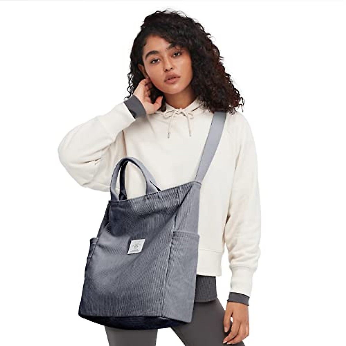 KALIDI Corduroy Tote Bag, Large Messenger Bag Shoulder Hobo Anti Splash Crossbody Zipper Bag Casual Work Shopping Women Grey Blue