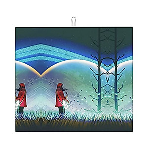 Guitar Girl Printed Drying Mat For Kitchen Ultra Absorbent Microfiber Dishes Drainer Mats Non-Slip Silicone Quick Dry Pad - 18 X 16inch