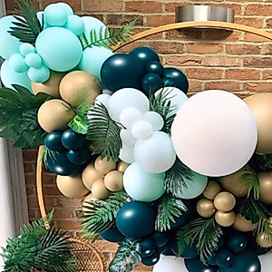 Pateeha Green Balloon Garland Arch Kit 10-12Ft Gold White Emerald Green Balloon Arch Mint Green Double Stuffed Dark Teal Balloons for Tropical Baby Shower Birthday Party Decorations