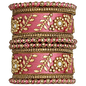 Aheli Traditional Wedding Designer Silk Thread Faux Stone Studded Bridal Bangle Set Chuda Indian Ethnic Bollywood Fashion Jewelry for Women (Pink)