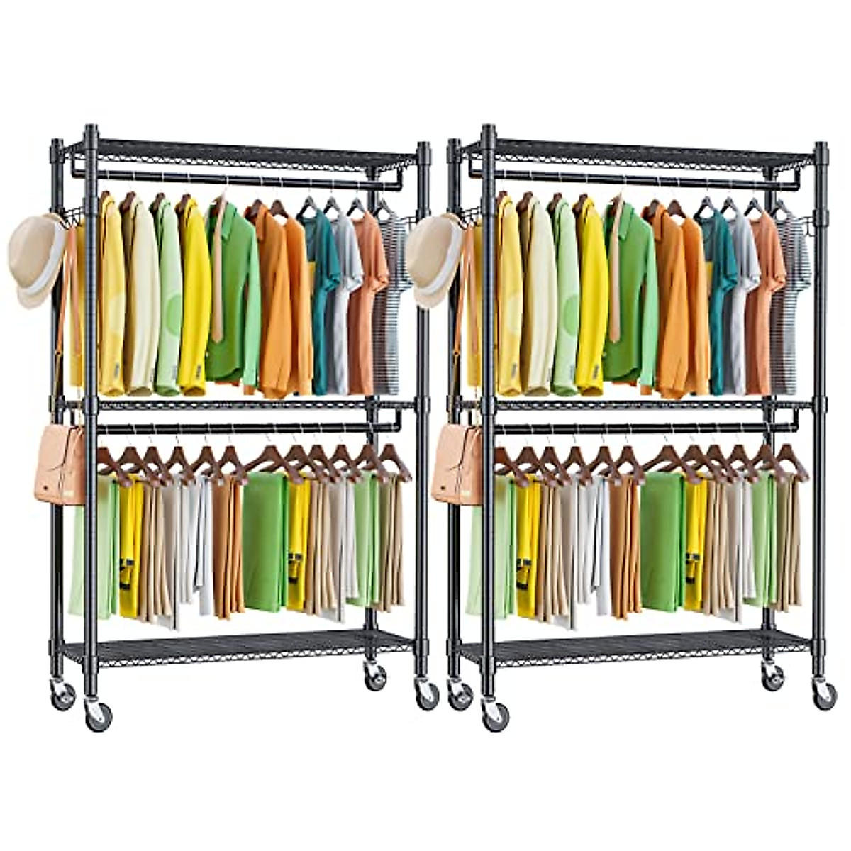 Homdox Double Rod Closet 3 Shelves Wire Shelving Clothing Rolling Rack Heavy Duty Garment Rack with Wheels and Side Hooks, 2-Pack