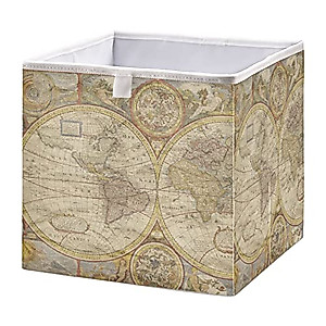 Vintage Retro World Map Collapsible Fabric Storage Cubes Bins with Handles Square Closet Organizer Waterproof Lining for Shelves Cabinet Nursery Drawer 11.02x11.02x11.02 Inches
