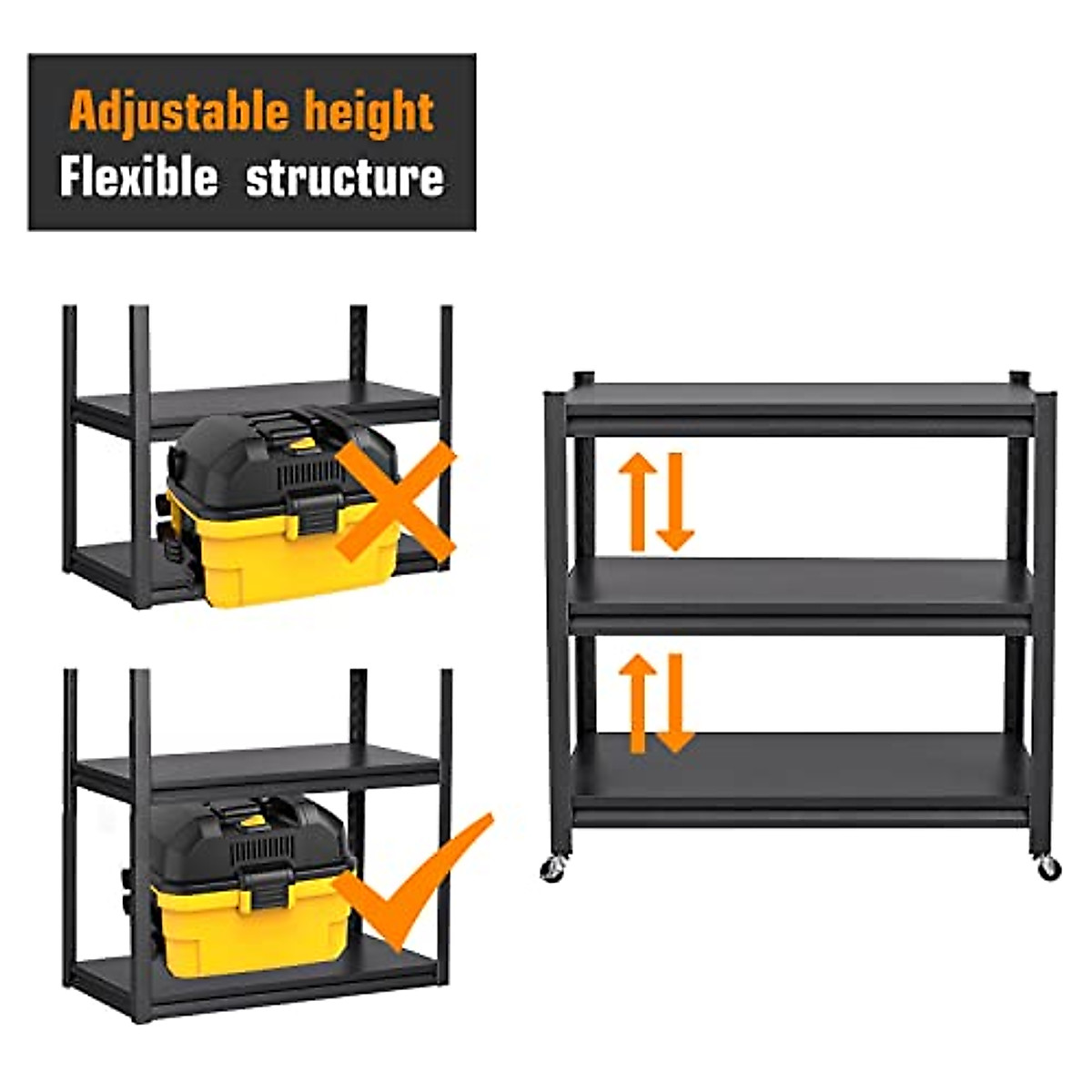 ZAOUS Garage Shelving Heavy Duty Loads 360LBS, 63" Heavy Duty Garage Storage Shelves, Adjustable 3 Tier Metal Shelves for Garage Basement Kitchen Warehouse, 31.5" H x 34" W x 18" D (3-Tier)