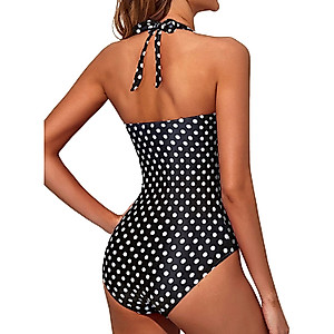 Tempt Me Women Black Polka Dot Tummy Control One Piece Swimsuits Push Up Slimming Bathing Suits Halter Vintage Swimwear L