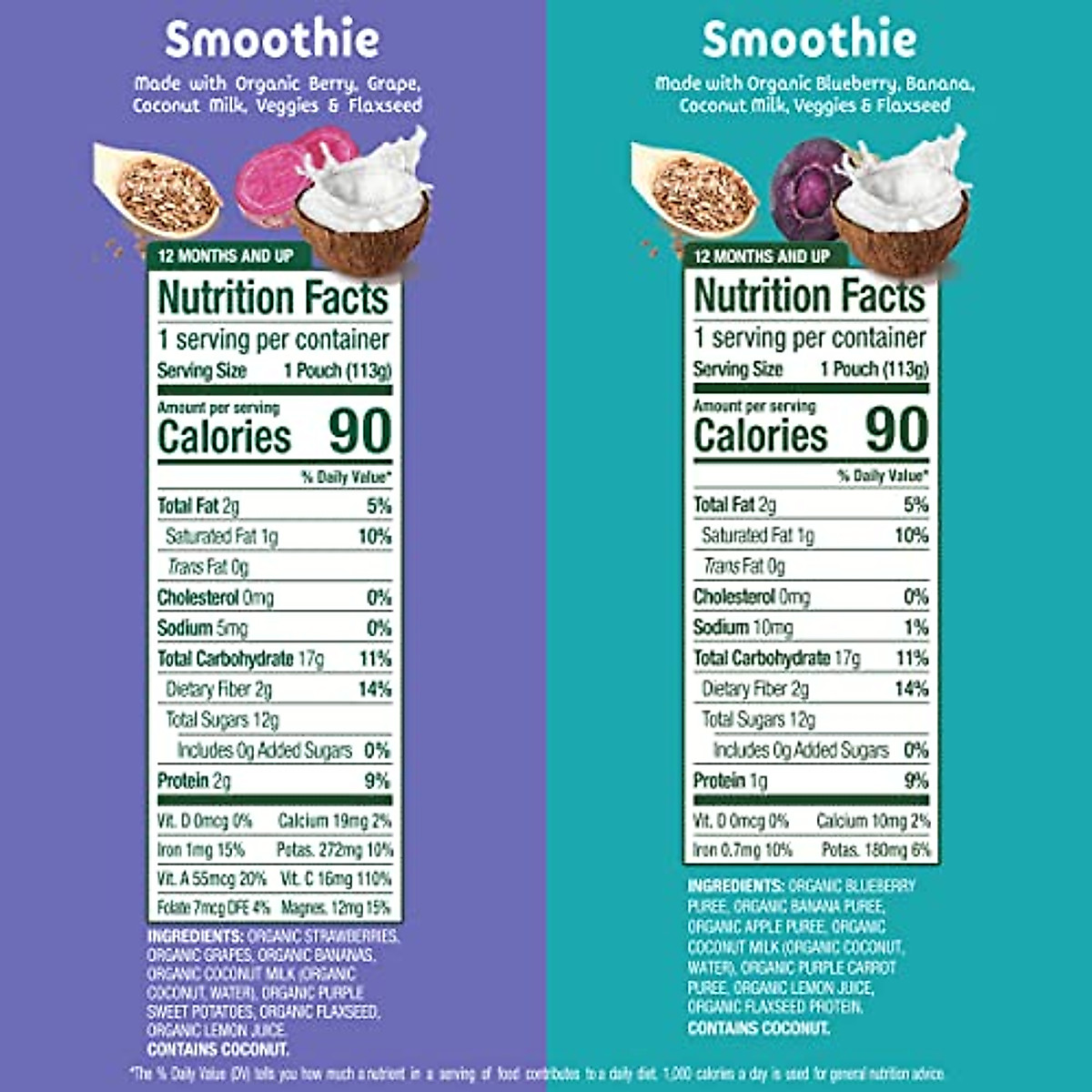 Sprout Organic Baby Food, Stage 4 Toddler Smoothie Pouches, Blueberry Banana & Berry with Coconut Milk Variety Pack, 4 Oz Purees (Pack of 12)