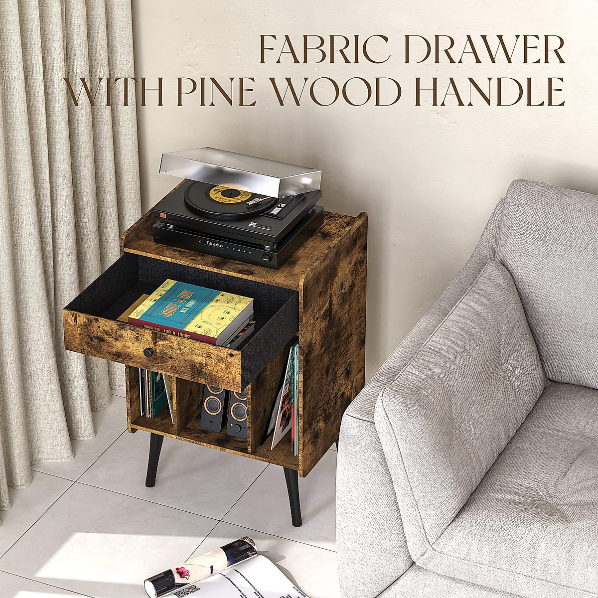 Sengroce Record Player Stand with Record Storage, Charging Station & USB Ports, Turntable Table with Drawer, Up to 165 Albums for Living Room, Bedroom