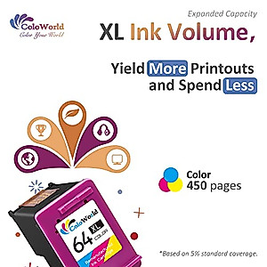 ColoWorld Remanufactured Ink Cartridge Replacement for HP 64XL 64 XL Color Ink Cartridge Use for Envy Photo 7855 7155 6255 7858 7164 6222 7830 7864 6230, Inspire 7955e 7255e 7900e, Tango Smart Printer