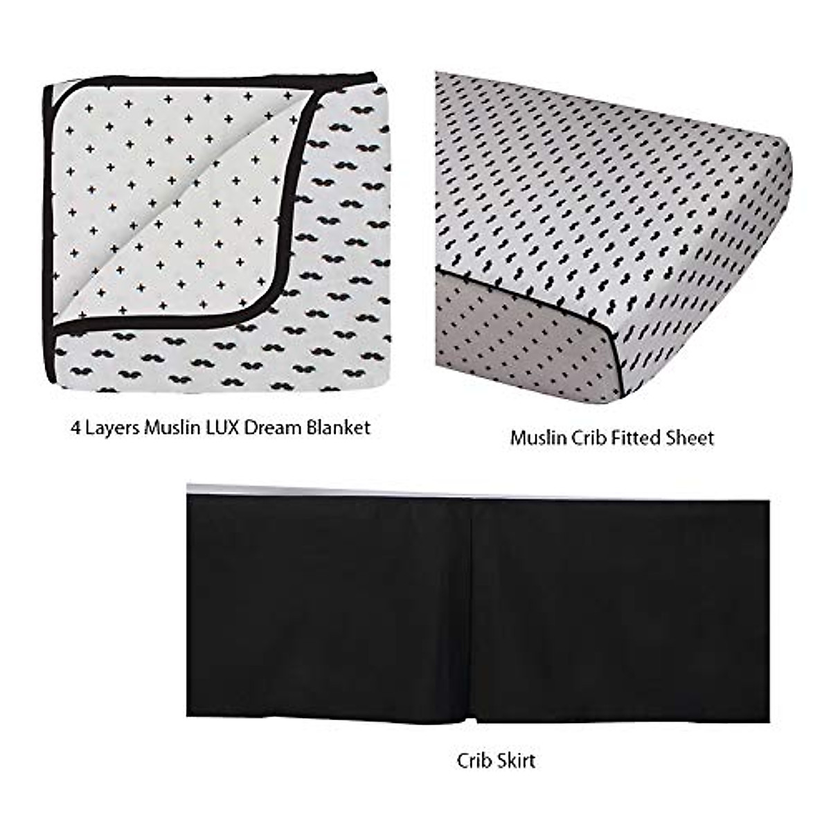 Bacati Love Muslin 3pc Crib Set with 4 Muslin Layers Lux Dream Blanket (Mustache/Plus/Cross, Black)