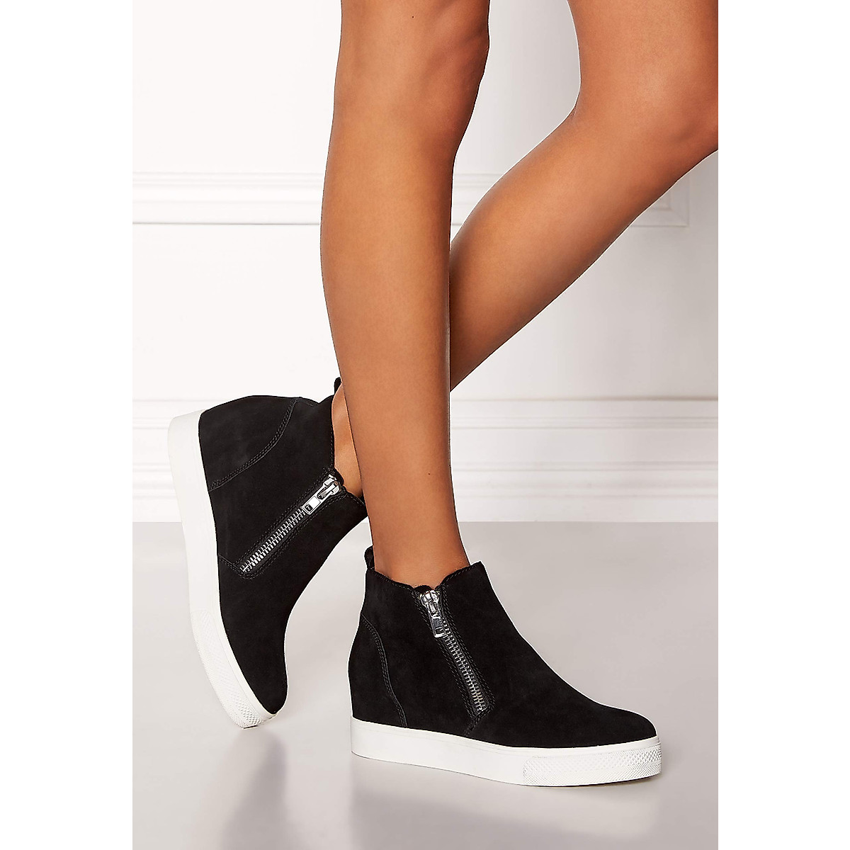 Steve Madden Women's Wedgie Sneaker, Black Suede, 9