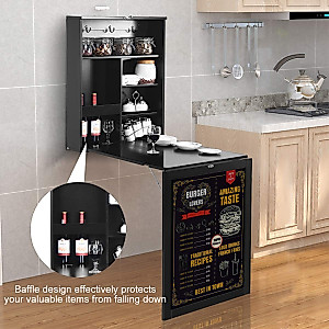 Tangkula Folding Wall Mounted Desk, Floating Desk with Chalkboard, Space Saving Fold Up Desk Wall Convertible Desk, Wall Table with Storage Shelves & Hooks (Black)