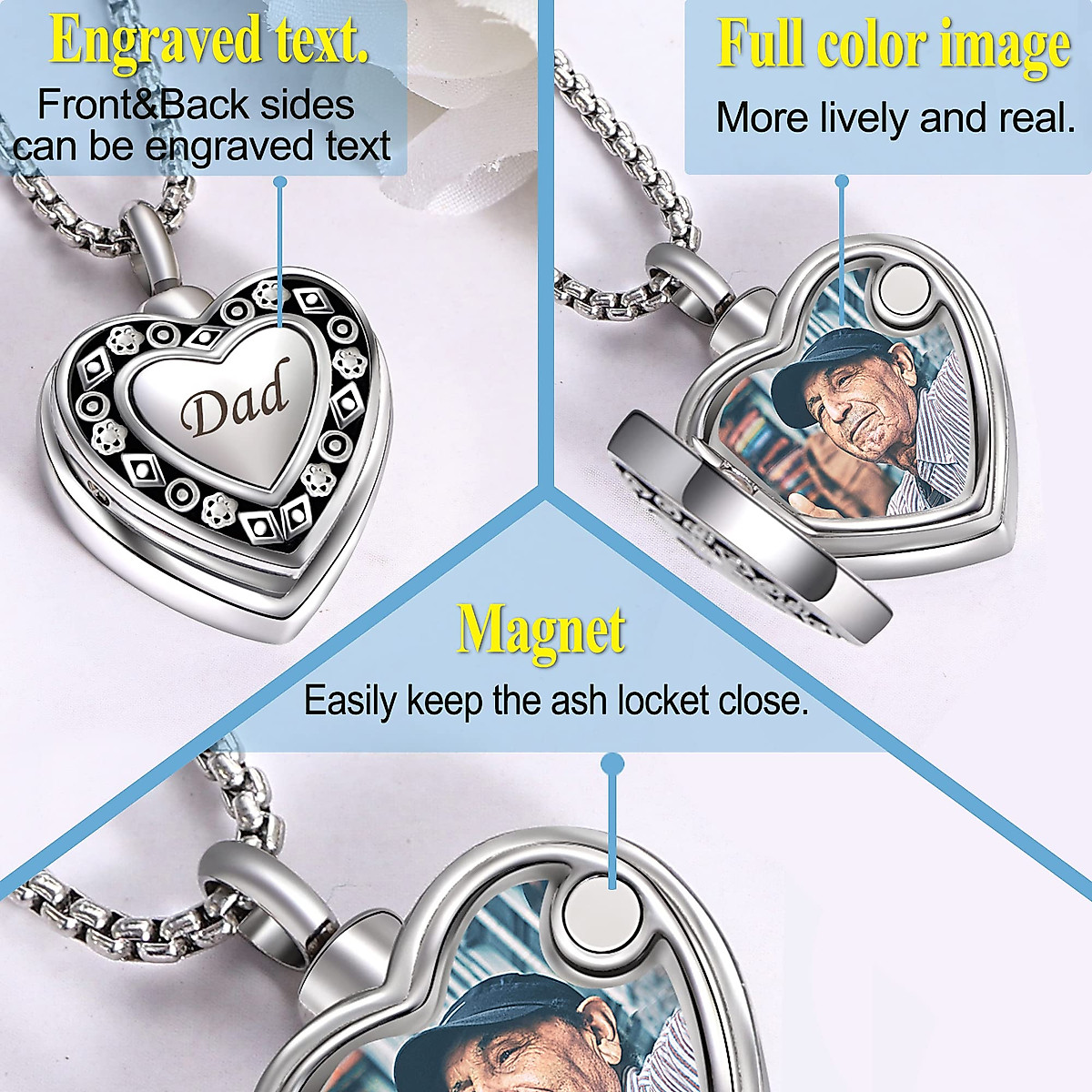 Fanery Sue Customized Urns Locket for Human Ashes Keepsake,Locket Necklace for Ashes with Picture Inside Cremation Jewelry Ashes Holder for Women Men (Classic Heart Silver)