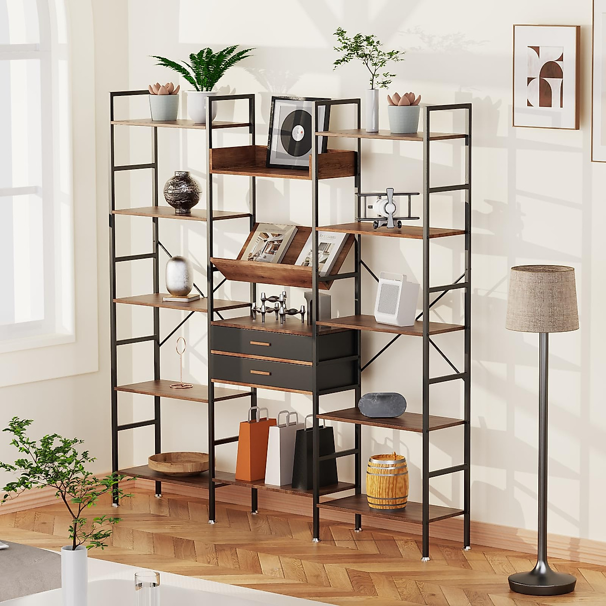 GRYPQROH Book shelf and Bookcase Triple Wide 5 Tier Industrial Bookshelf with Drawers & 14 Open Display Shelves, Large Etagere Tall Bookcase with Metal Frame for Home Office Living Room Retail Display