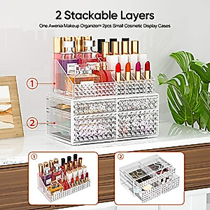 Awenia Makeup Organizer with Drawers[Upgraded]-Acrylic Make up Organizers and Storage Case for Cosmetics,Perfume,Jewelry Display, Vanity and Bathroom Accessories (Clear-4 Drawers)