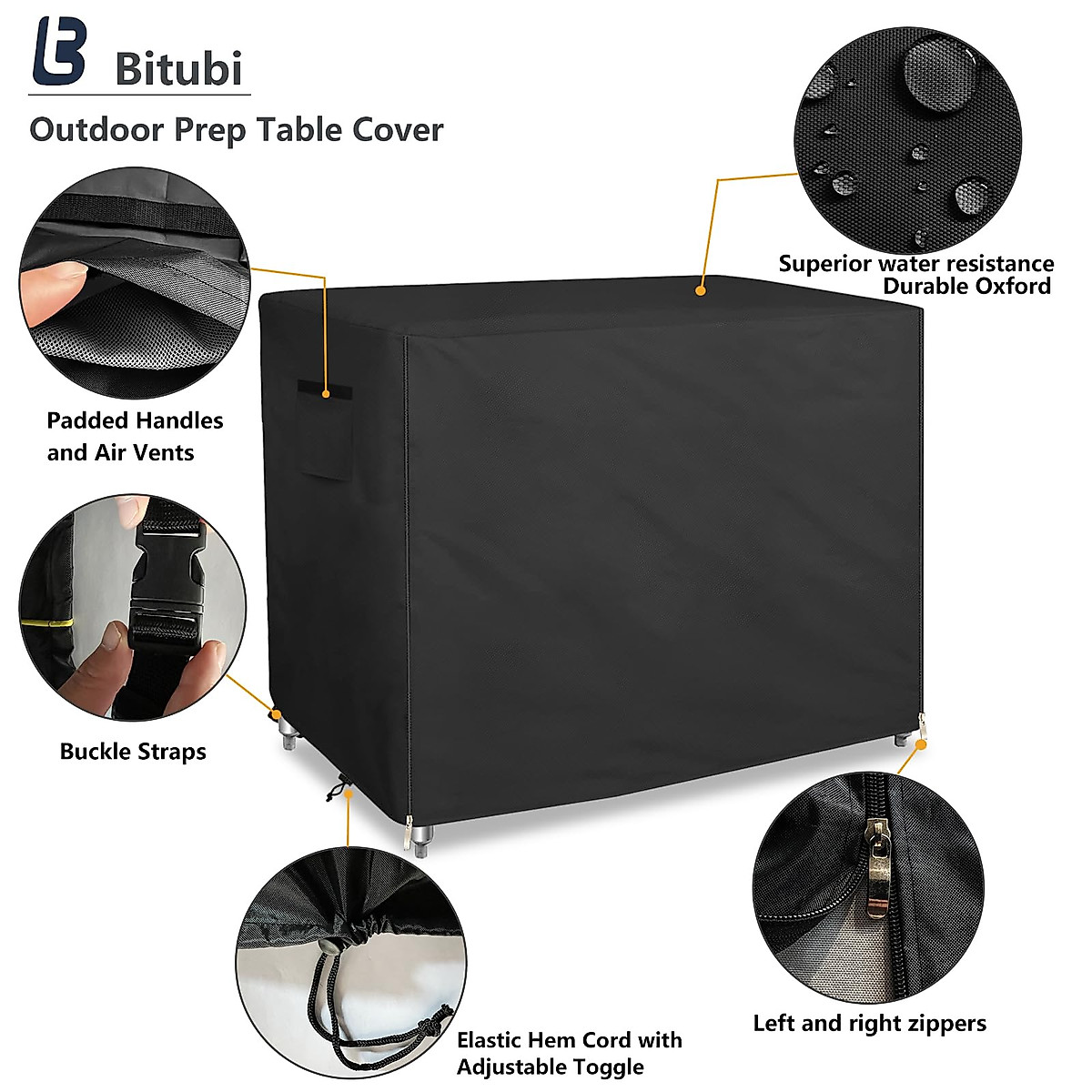 Bitubi 48 Inch Outdoor Prep Table Cover with Split Zipper, Waterproof Stainless Steel Grill Cart Cover for Patio Table - 48''L x 30''W x 35''H (Black)