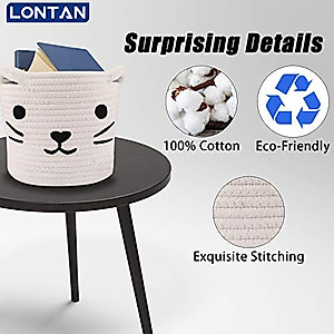 8''X7'' Small Baby Hamper White Cotton Rope Basket | LONTAN Washable Baby Nursery Hamper Cute Cat Design Baby Gift Basket Collapsible Organizer for Snacks, Pen