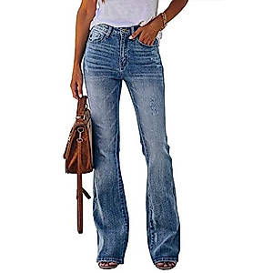 Koinshha Womens High Waisted Jeans Flare Stretch Boyfriend Casual Bootcut Denim Pants Light Blue