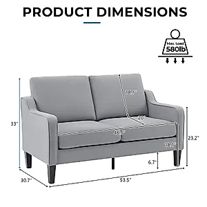 VINGLI Loveseat 53" Small Couch Loveseat Sofas for Living Room Mid Century Modern Sofa Couch Light Grey Love Seat Couches with Scooped Arms for Small Spaces, Bedroom, Apartment, Studio