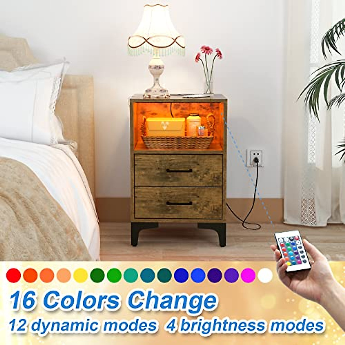 LYNCOHOME Nightstand with Wireless Charging Station and LED Lights, Modern End Table with 2 Drawers and Open Storage for Bedroom, Brown