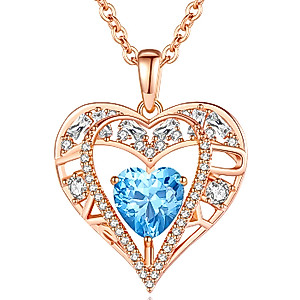 GEMMANCE 5 Heart Crystal Pendant Necklace - 925 Sterling Silver Chain - 18K Rose Gold Plated - Aqua Blue - 18”+2” Birthstone Jewelry for Women - Gifts for Birthday, Christmas