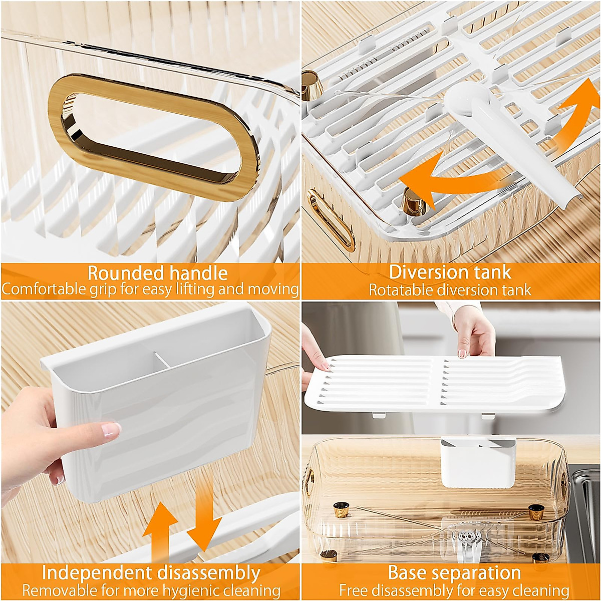 Dish Drying Rack with Drainboard, Kitchen Dish Drainer Rack in Sink, Dish Rack for Kitchen Counter Cabinet with Adjustable Swivel Spout, Removable Plastic Drainer Tray with Utensil Holder. (Clear)