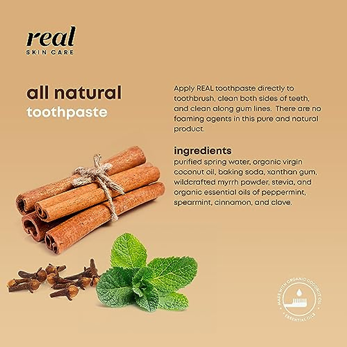 Real Skin Care Coconut Toothpaste | Handmade in The USA | All Natural | All Natural Organic Fluoride Free Toothpaste for Healthy Smiles | Flavored Toothpaste for Adults & Kids with Essential Oils