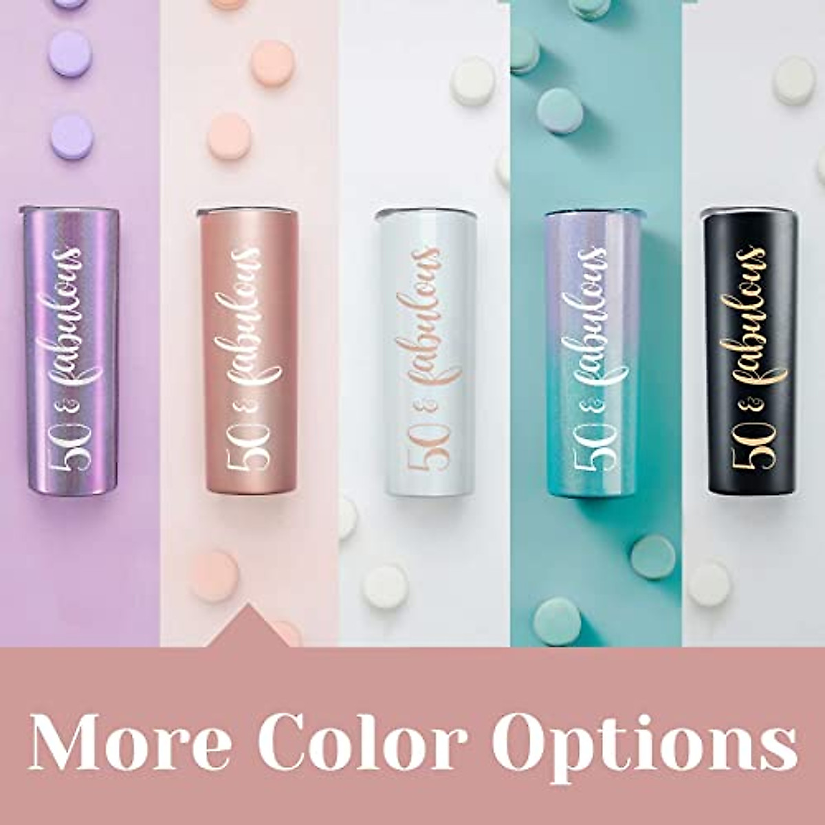 Onebttl 50th Birthday Gifts for Women, Female, Her - 50 and Fabulous - 20oz/590ml Stainless Steel Insulated Tumbler with Straw, Lid, Message Card - (Rose Gold)