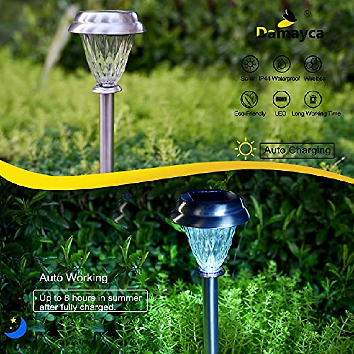 DAMAYCA 6 Pack Solar Lights Outdoor for Garden Pathway Walkway Driveway Sidewalk Yard Stainless Steel Glass Landscape Lights Solar Powered for Landscape Lighting. (Silver, Warm Light)