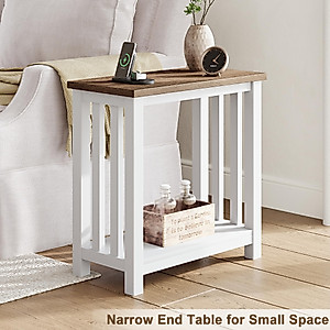 ChooChoo Farmhouse End Tables Set of 2, Narrow Side Tables for Small Spaces, Night Stands with Storage Shelf for Living Room and Bedroom, White and Brown