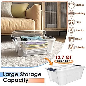 Giantex 12 Pack Storage Bins with Lids, 12.7 Qt. Storage Box, Stackable & Nestable Shoe Box, Tote Boxes, Closet Organization Container with Secure Latching Buckles, Classroom Art Supplies Storage, Clear