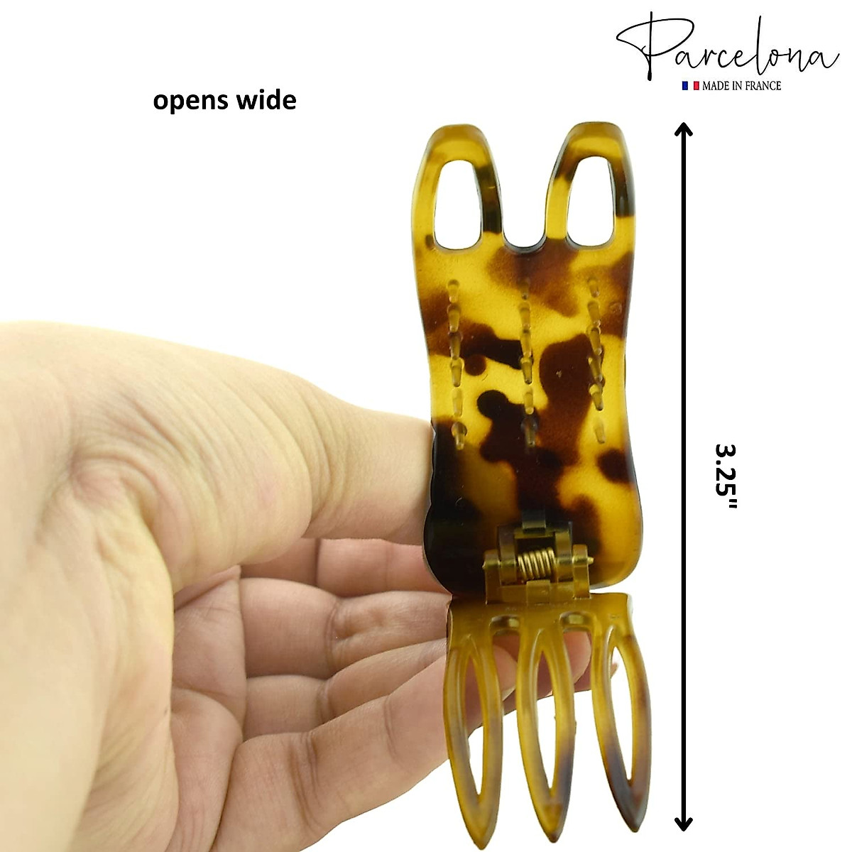 Parcelona French Simply Bear Paw Medium 3” Celluloid Acetate Side Slide In Jaw Yoga Fine Hair Claw Clip for Women and Girls (Light Tortoise Shell)