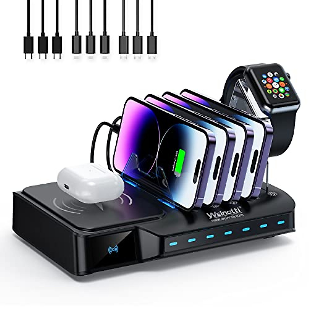 Charging Station Organizer for Multiple Devices，Welnotti 7-Ports USB Fast Charger Ports Wireless Charge Compatible with Cell Phone,iPad,iWatch,Tablets,for Home (Black)