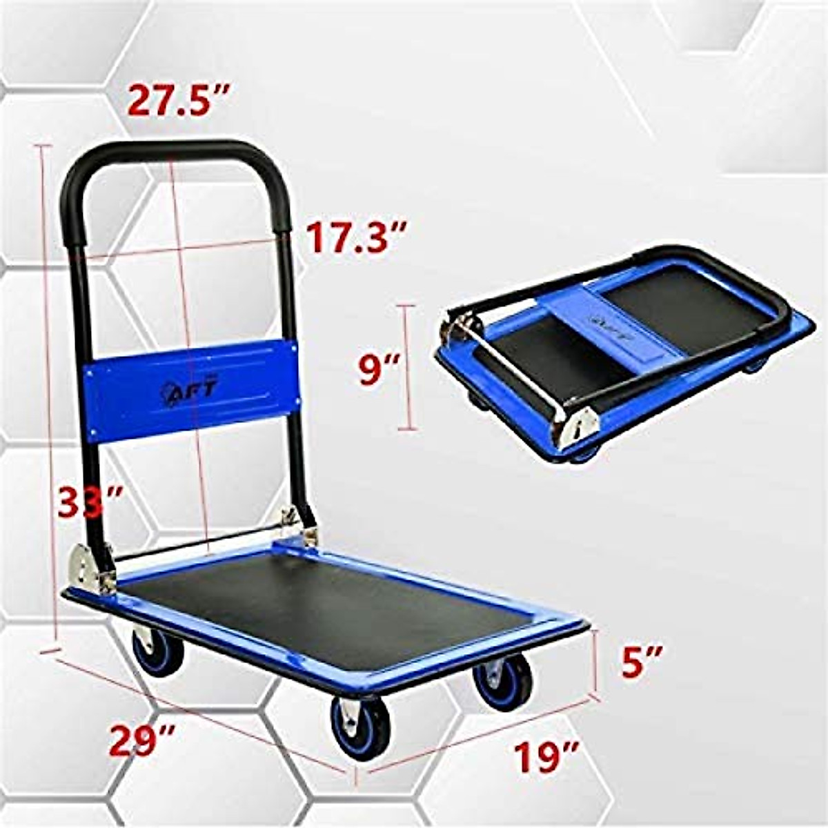 Push Cart Dolly AFT PRO USA Push Platform Truck Folding Rolling Flatbed Cart 360 Degree Swivel Wheels Foldable Handle (Blue, 330LB)