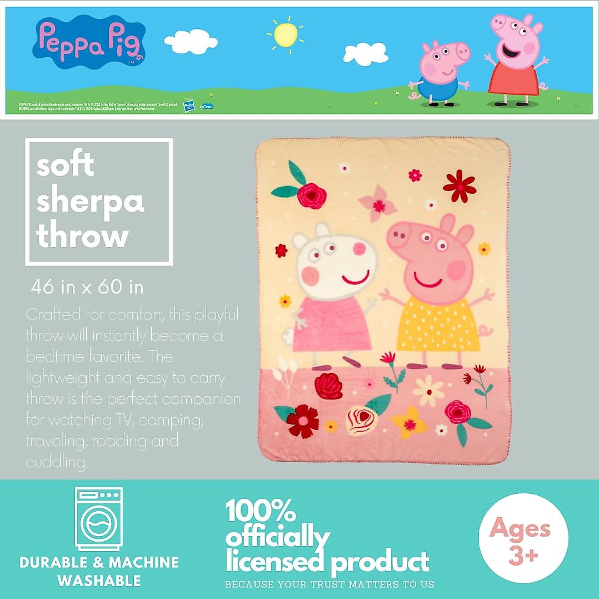 Franco Peppa Pig Kids Bedding Soft Plush Sherpa Blanket Throw, 46 in x 60 in, (Officially Licensed Product)