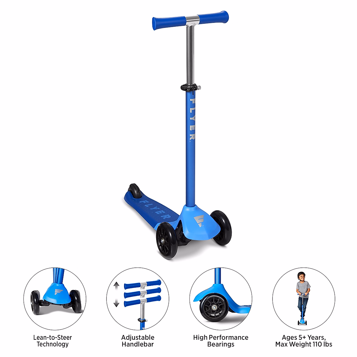 Flyer Glider Pro, Radio Flyer Lean to Steer Kids Scooter, Blue, for Kids Ages 5+ Years