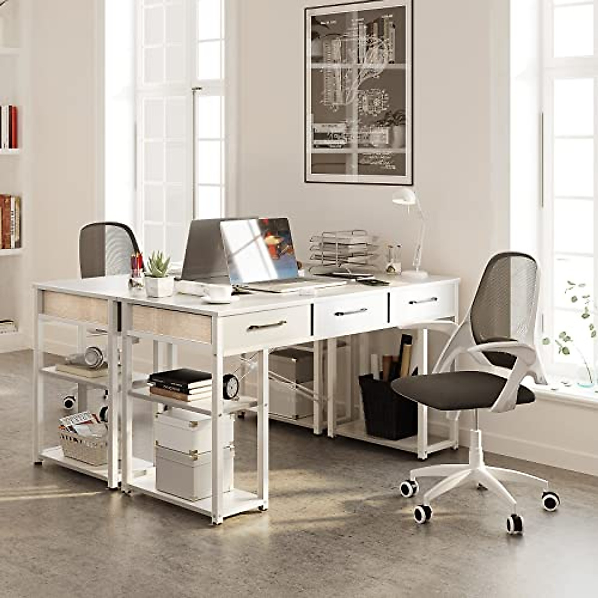 ODK Office Small Computer Desk: Home Table with Fabric Drawers & Storage Shelves, Modern Writing Desk, White, 48"x16"