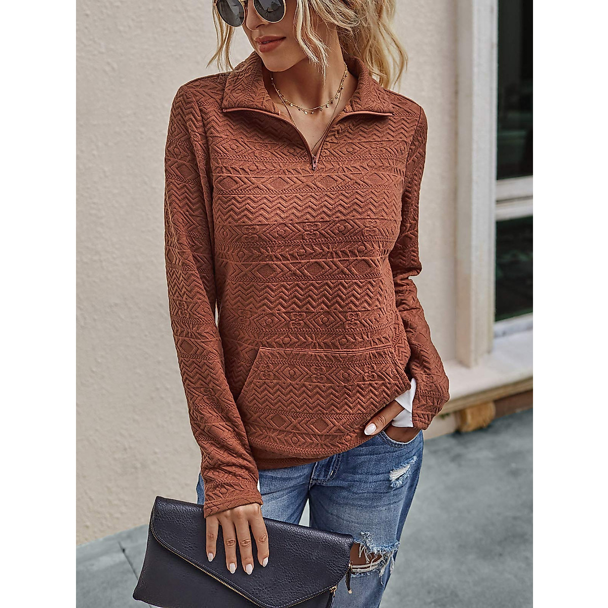 LANREMON Women Long Sleeve Sweatshirt Fashion Quilted Pattern Plain Zipper Pullover Sweatshirts Tops with Pockets